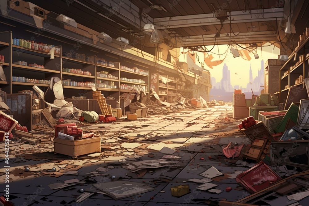 Desolate supermarket in post-war/natural disaster. Cartoon city in ...