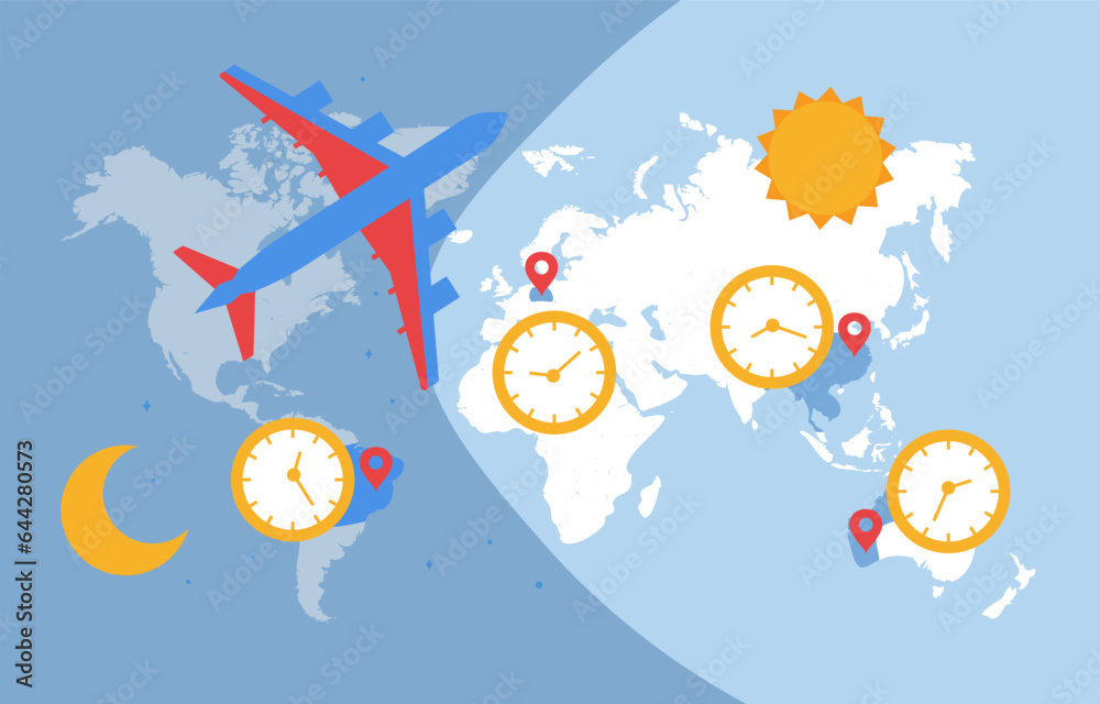 International time map concept. Airplane above continents. Travel and ...