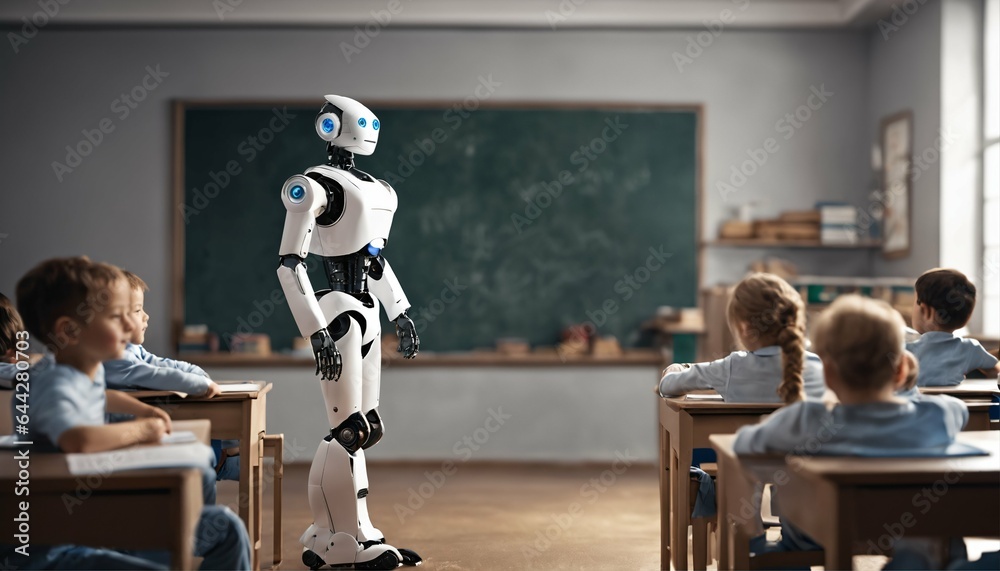 School classroom chalkboard with humanoid education robot teacher ...