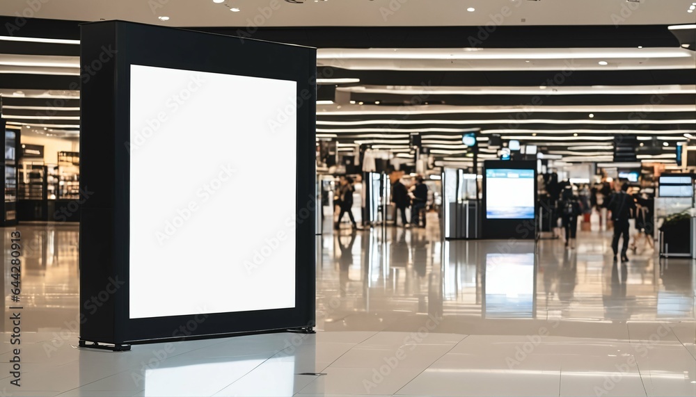 Shopping centre gallery with digital media blank black and white screen ...