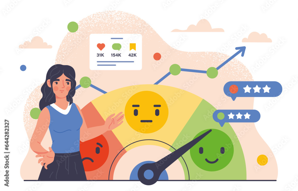 Woman with reputation meter concept. Young girl near gauge meter with ...