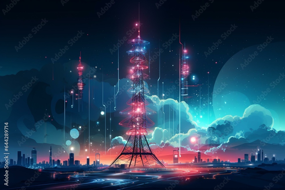 High-tech cell tower with 4G and 5G transmitters, transmitting antennas ...