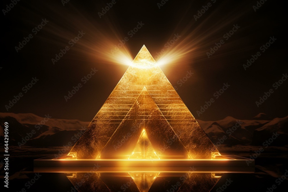 Artistic depiction of a luminescent golden pyramid displaying a mysical ...