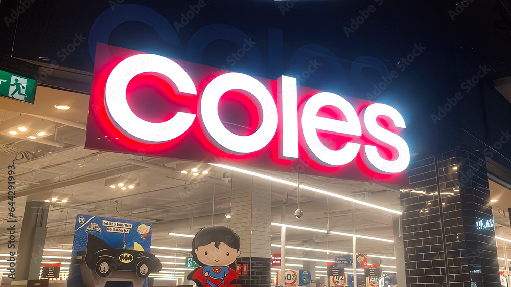 Sydney, NSW Australia - August 19 2023: Illuminated signage for Coles ...