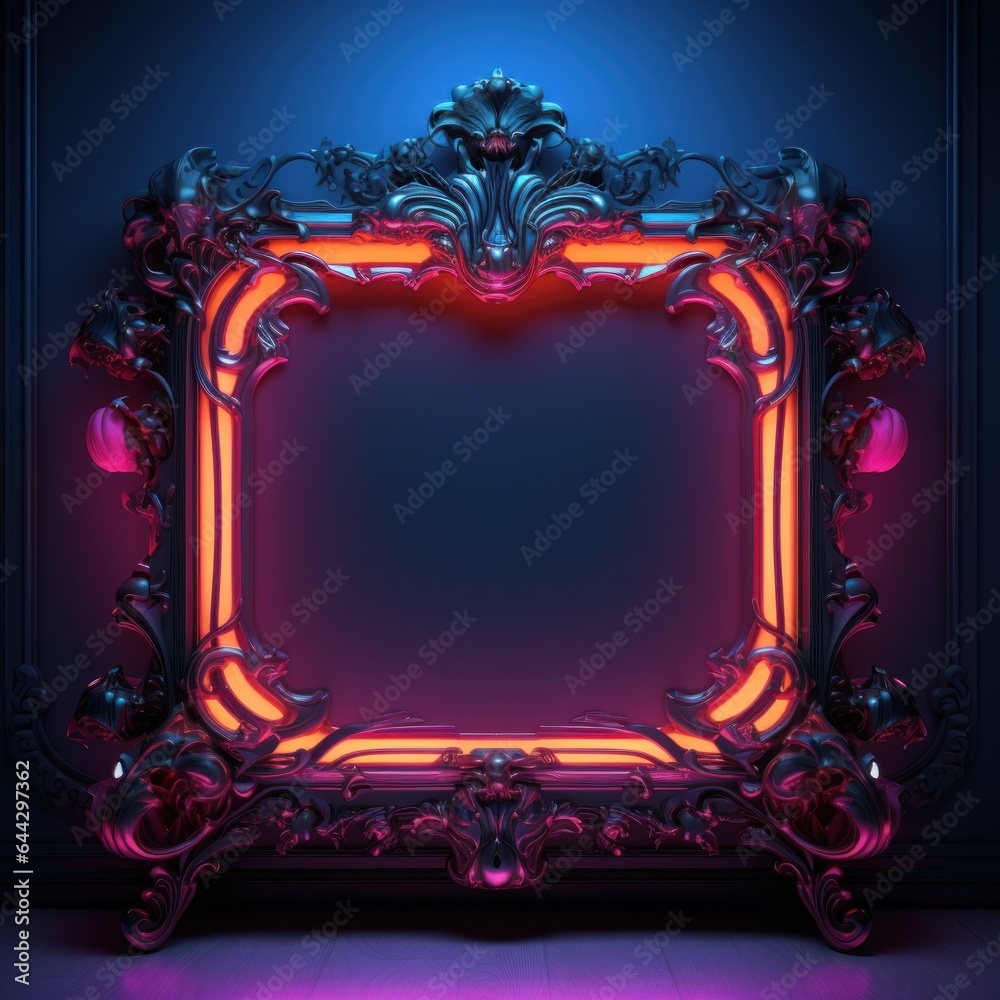 On a dark wall, a dark frame in neon crazy rococo style for your mocap ...