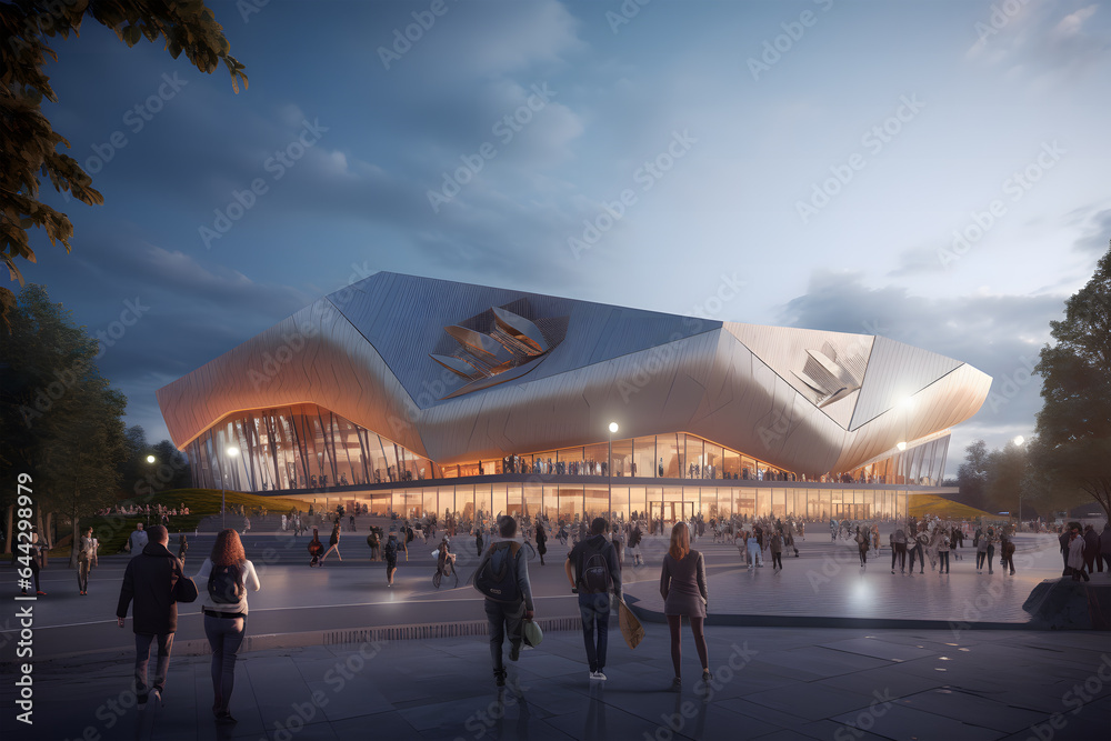 architectural design of a sports stadium arena soccer game. Night ...