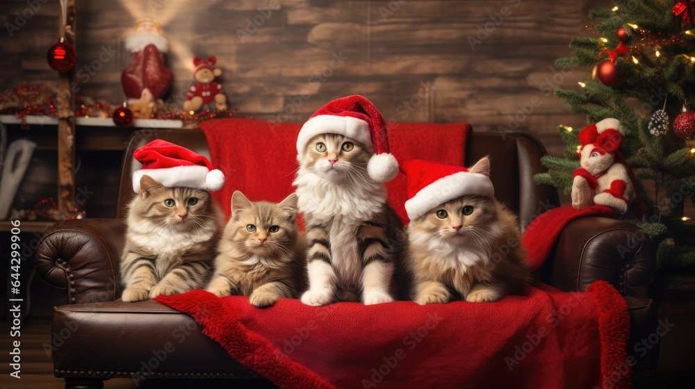 Group of cats wearing red santa costume sitting celebration on sofa in ...