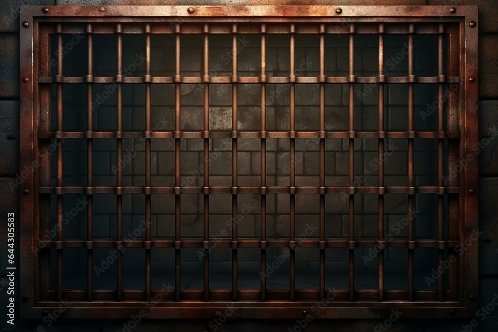 A realistic rusty jail cell with iron background and old brown bars ...