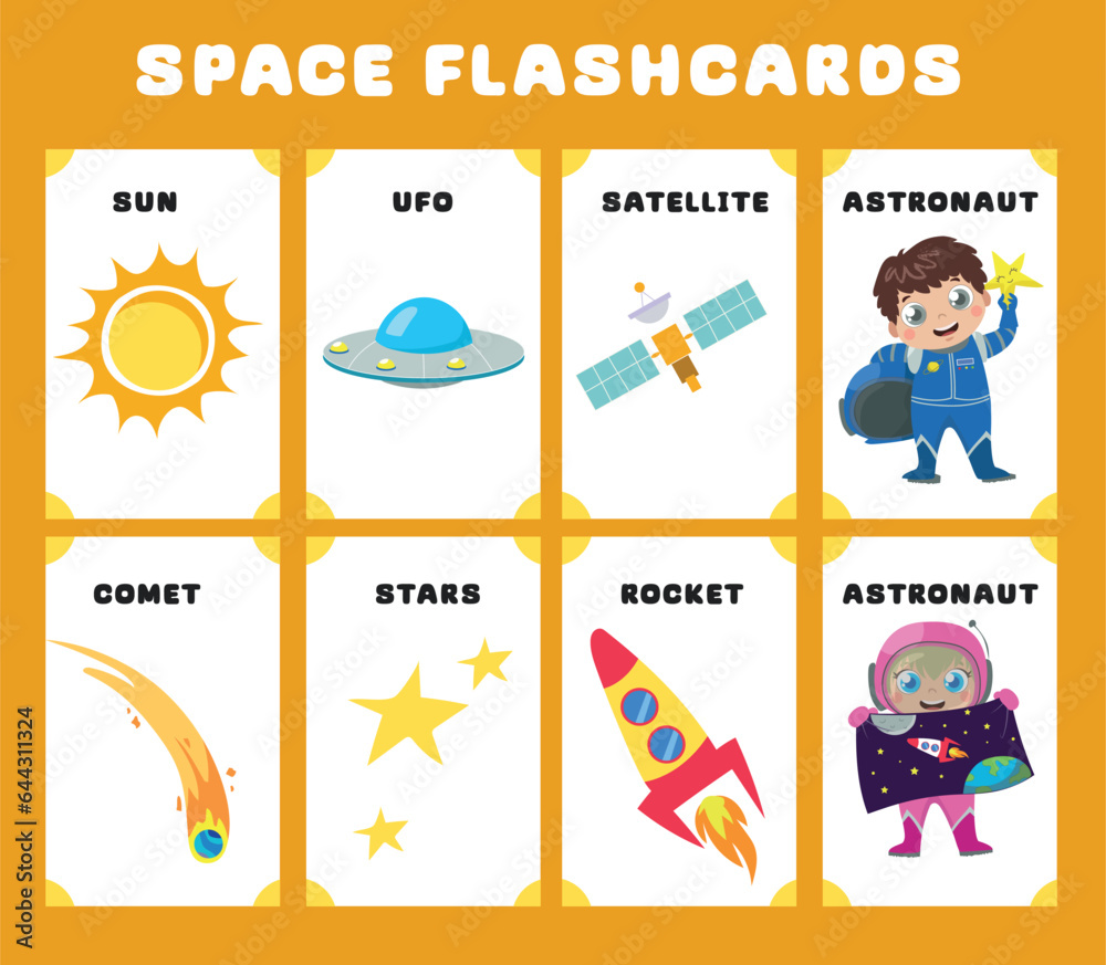 Vector Space flashcards set. English language game for kids with cute ...