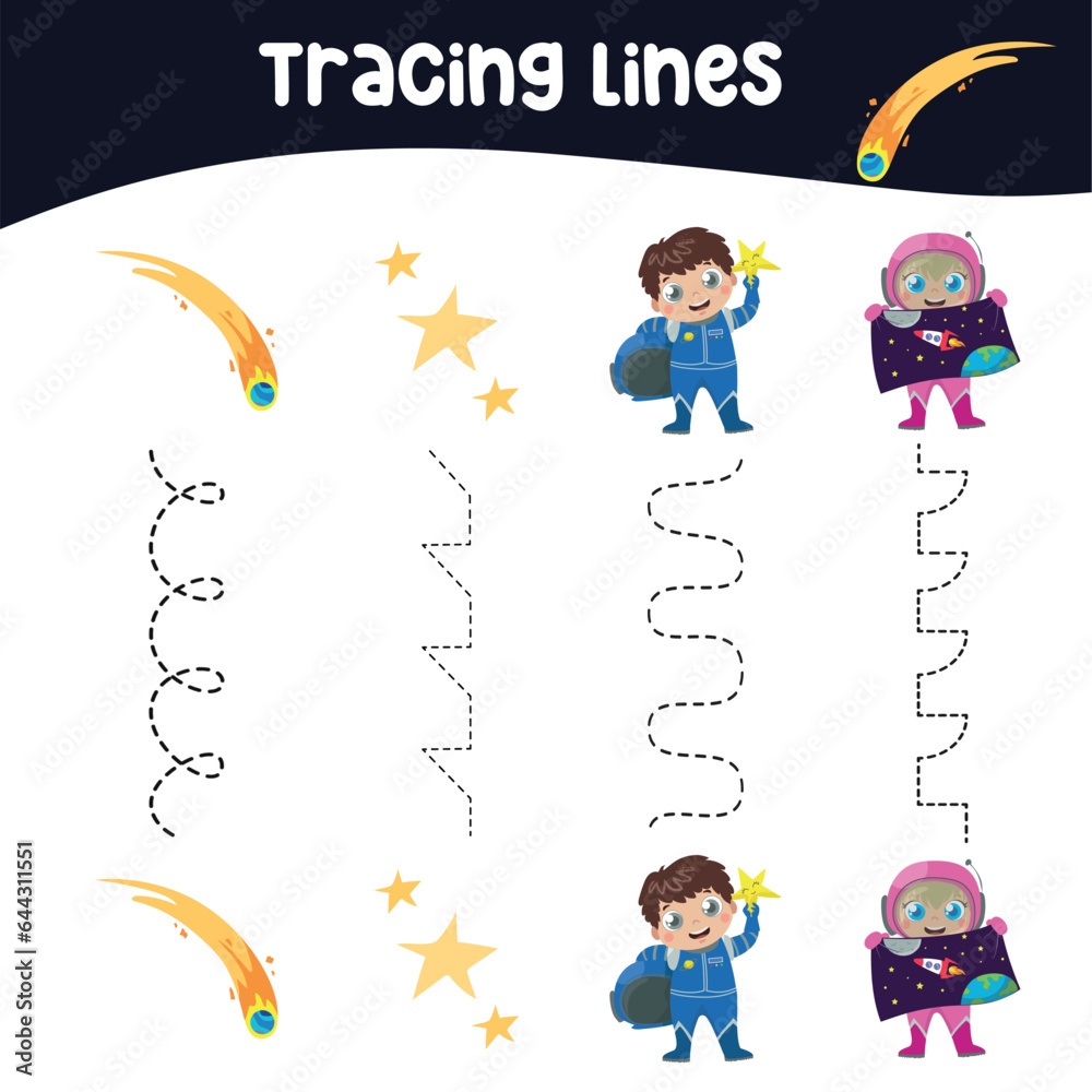 Tracing vertical lines activity with cartoon character of a cute ...