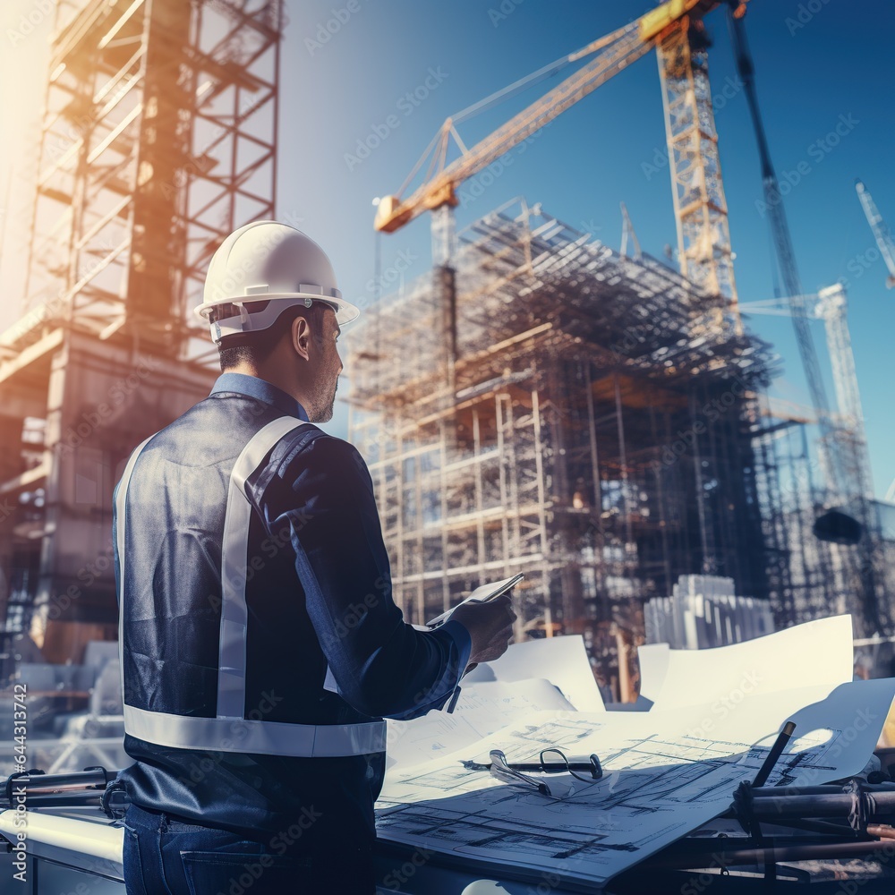 Civil architect engineer inspecting and working outdoors structure ...