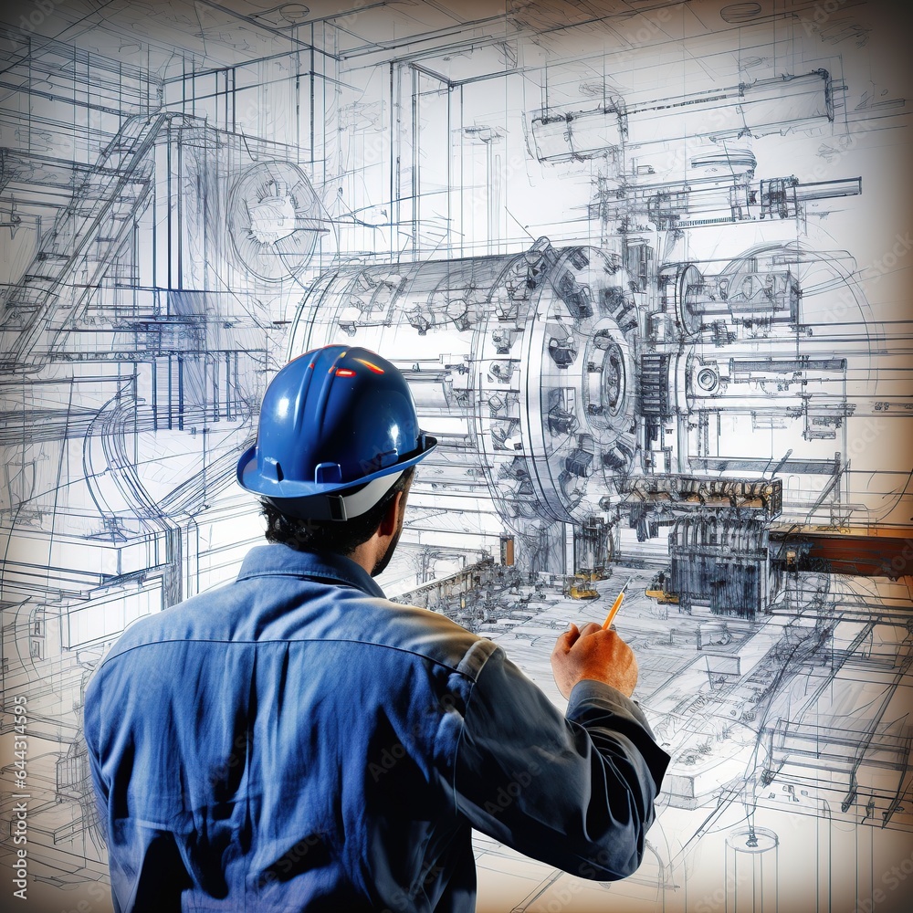 Engineer technician drawings and mechanical parts engineering industry ...