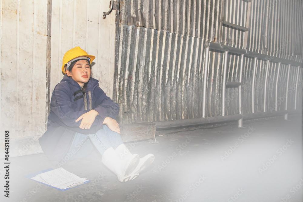 Accident female worker worker wearing sweater stuck inside the ...