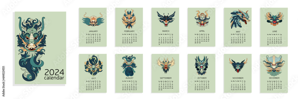 Calendar 2024 A4 with dragons head. Dragons calendar. Week start from ...