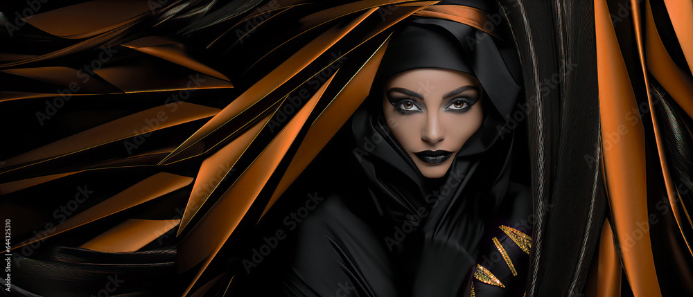 Illustration of muslim woman wearing a black and gold veil. The hijab ...