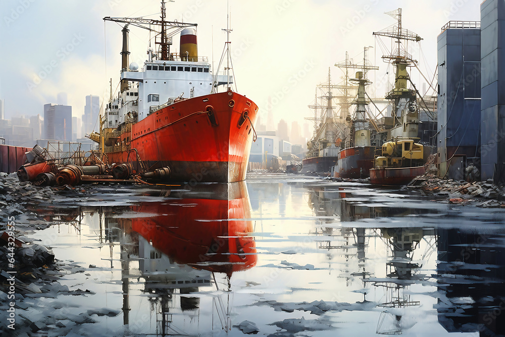 Abandoned cargo ship awaiting repair in the port. The ship is waiting ...