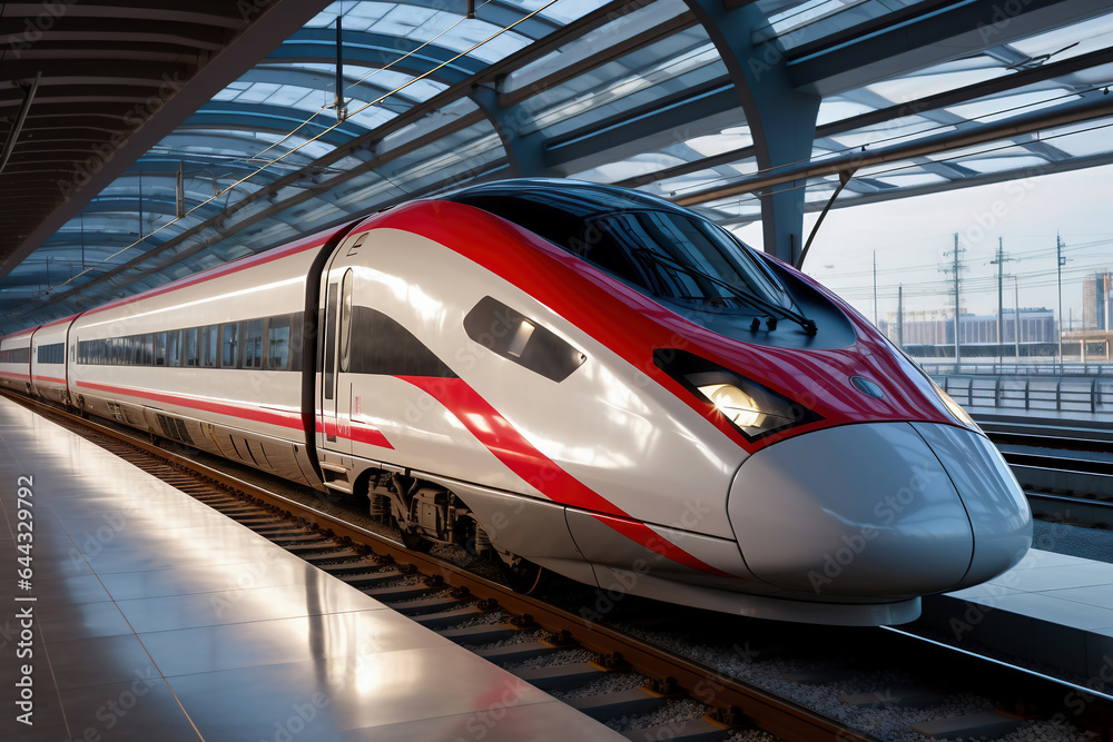 Red and white modern high-speed train on a railway platform. Boarding ...