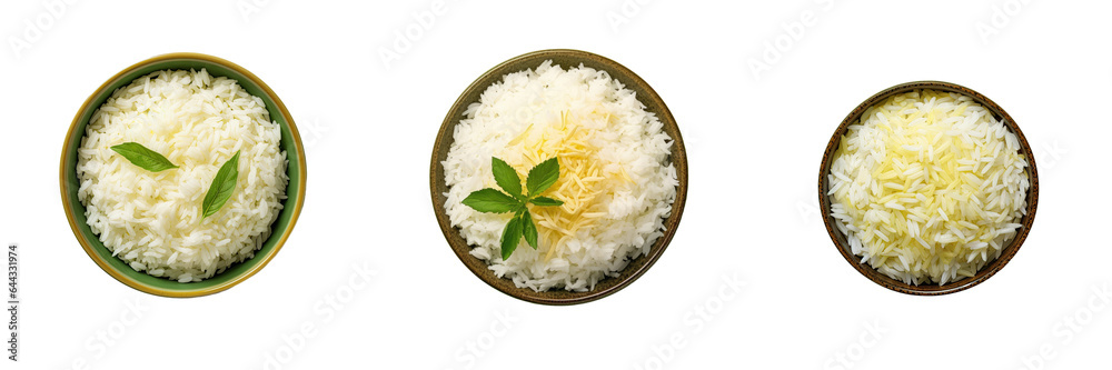 Isolated top view basmati rice in green and yellow bowl on a ...