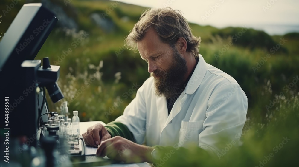 Portrait of a male scientist at a remote research station studying ...