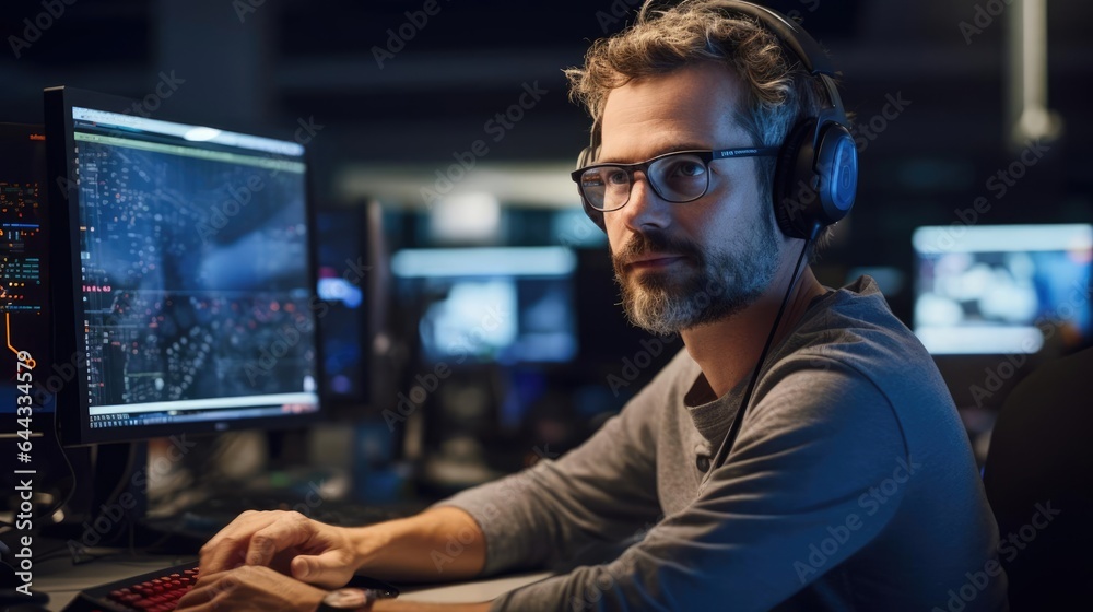 Portrait of a male video game developer in a bustling game development ...