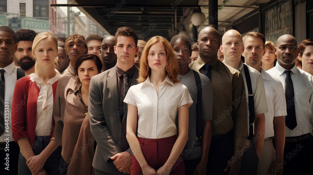 An international group of people stands together as one team, office ...