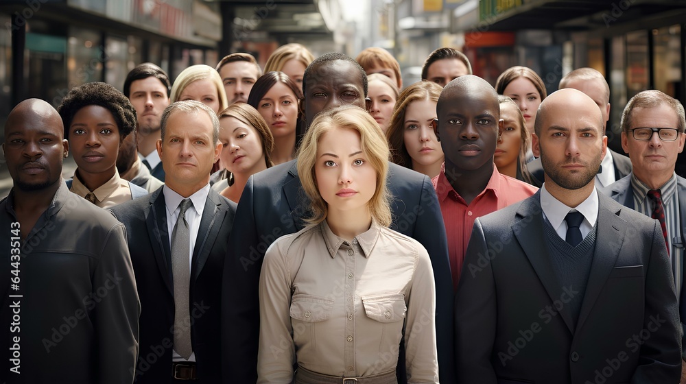 An international group of people stands together as one team, office ...