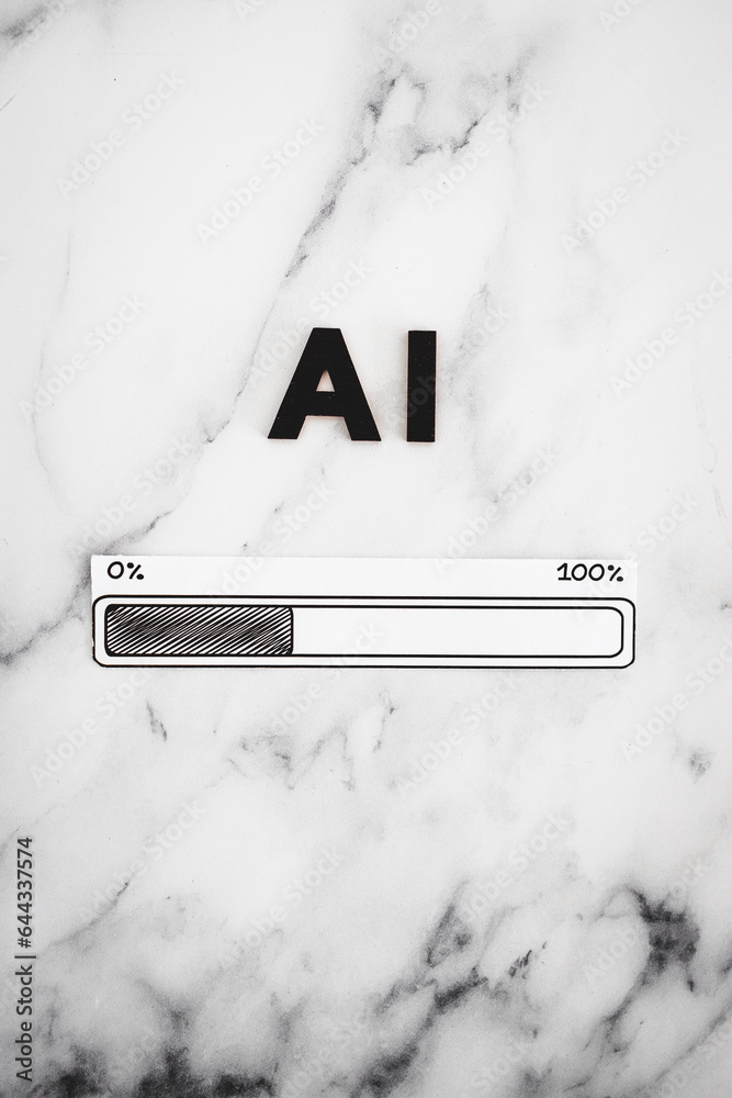 AI text made of wooden letters next to progress bar loading, concept of ...