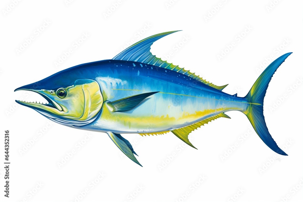 White background with a mahi mahi or dolphin fish. Blue fish known as ...