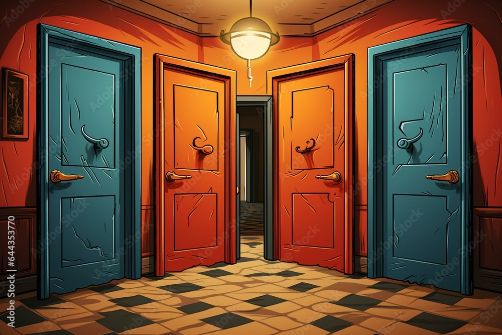 Illustration showing interior with three doors and question marks ...