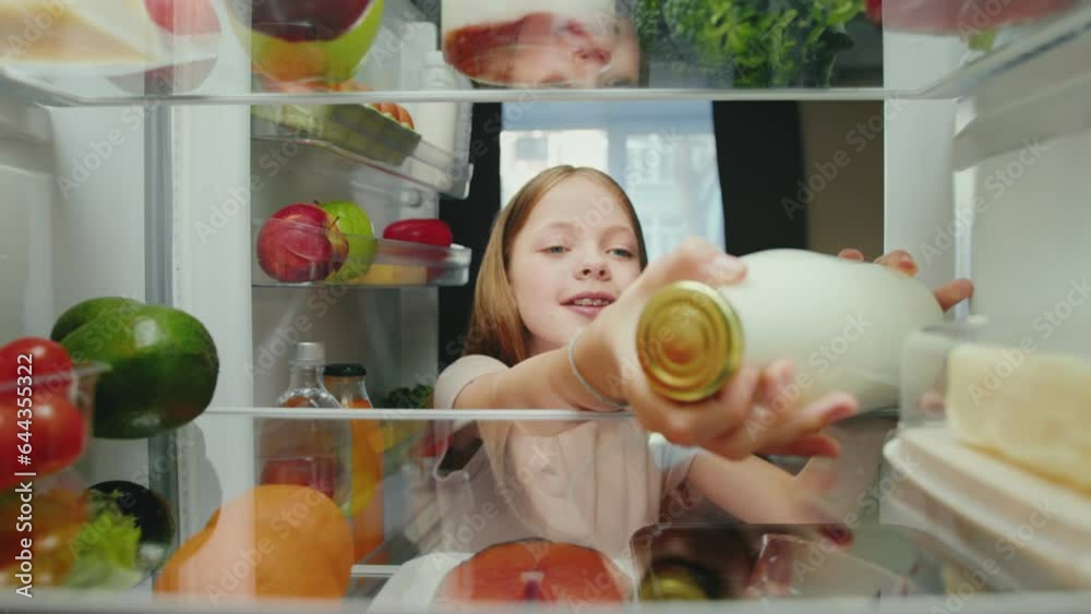 Young Girl Opening Fridge Door with Healthy Food and Taking Products ...