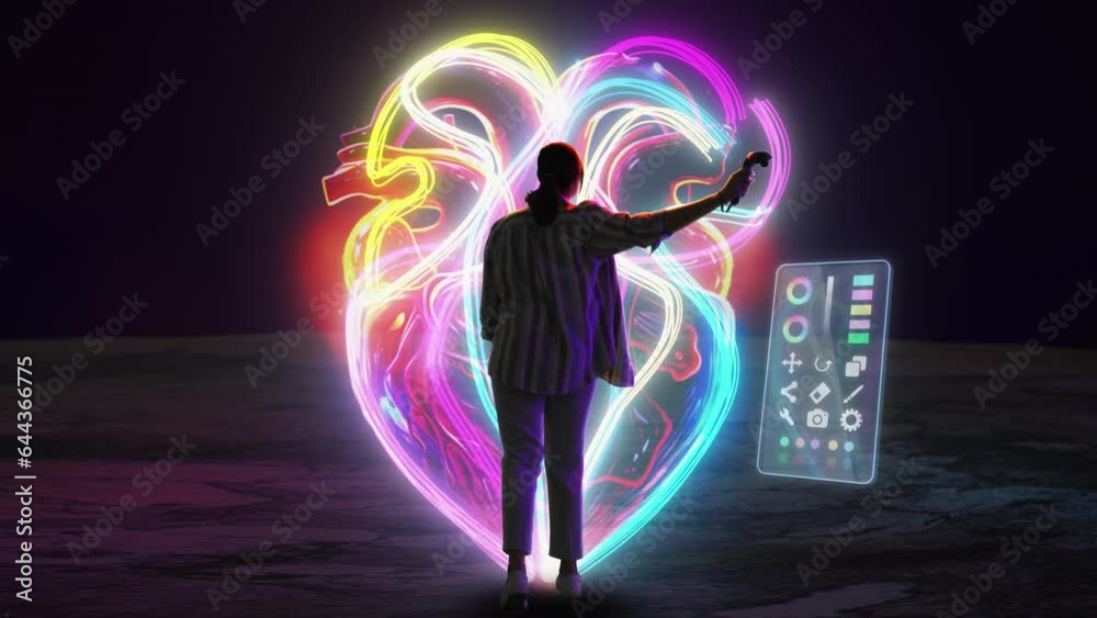Young Digital Artist Drawing Colorful Abstract Lines and Illuminating ...