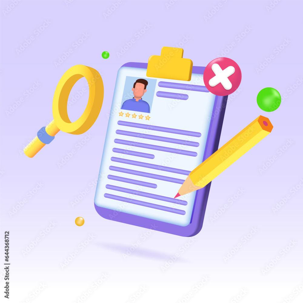 CV reject, refusal to grant a job icon . 3d realistic vector ...