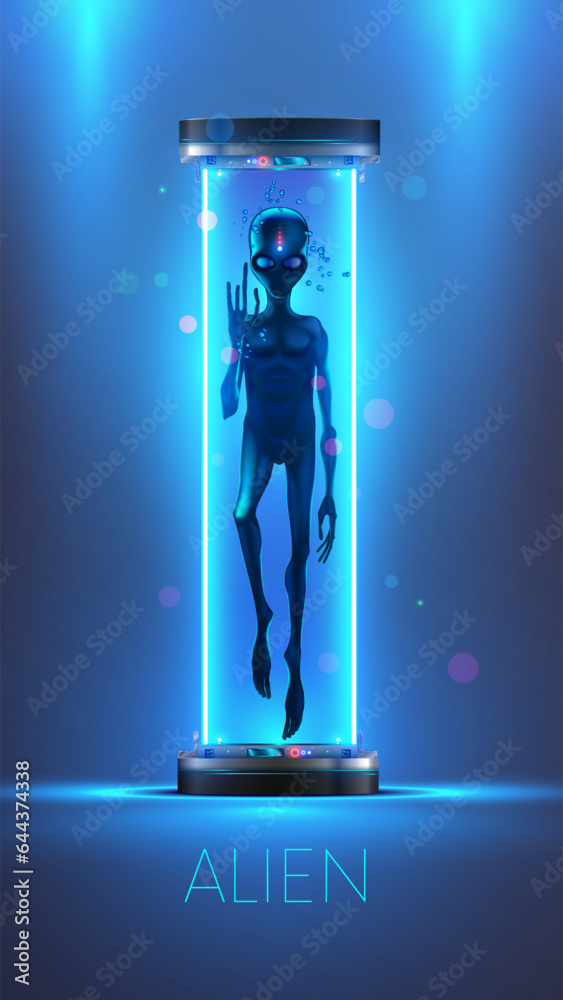 Scary Alien in glass capsule in laboratory. Captive alien in scientific ...