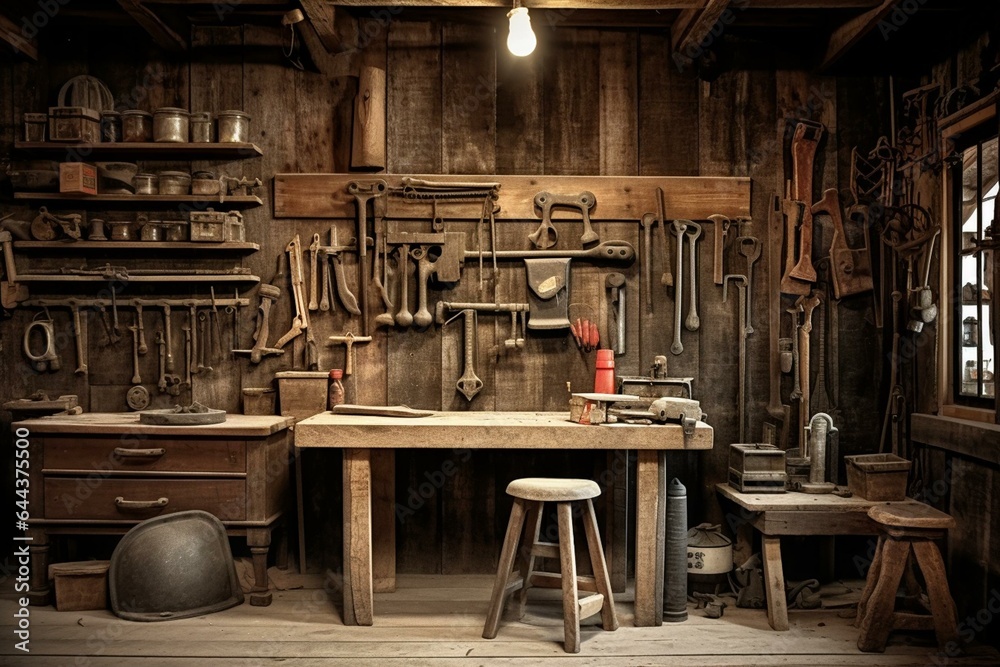 Vintage workshop with old tools on wall and tool shelf. Has a vintage ...