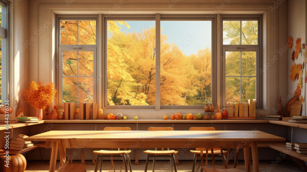 An autumnal classroom setting with warm, earthy tones, where a window ...