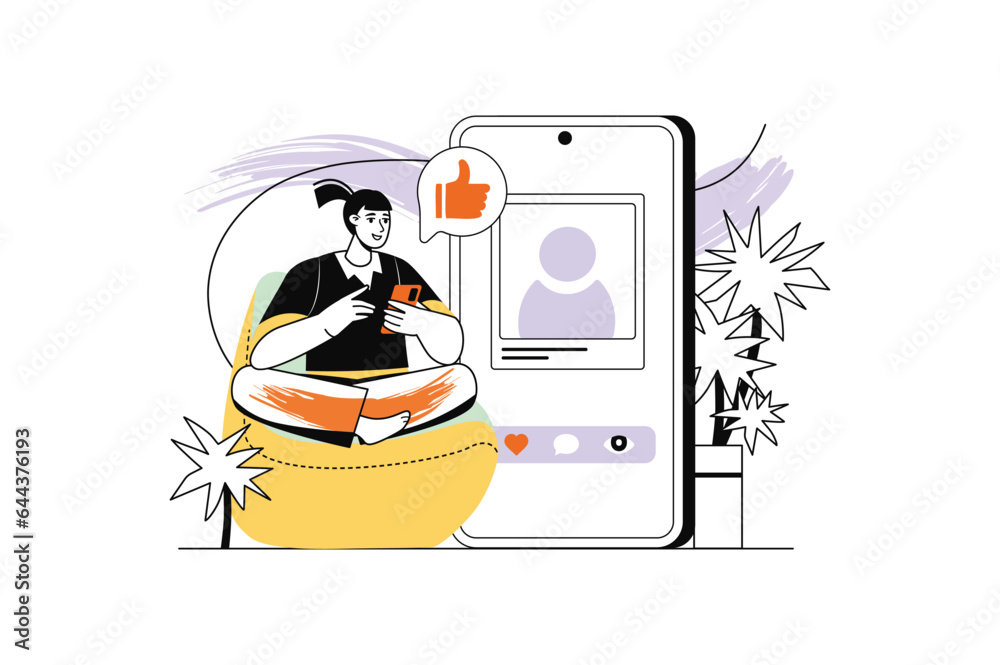 Social media life linear concept with people scene in the flat cartoon ...