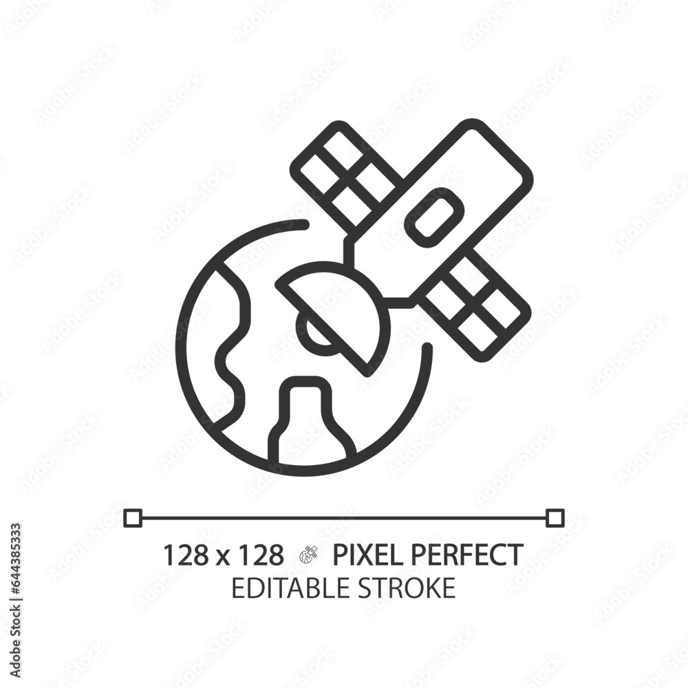 Satellite pixel perfect linear icon. Launch vehicle. Earth orbit ...