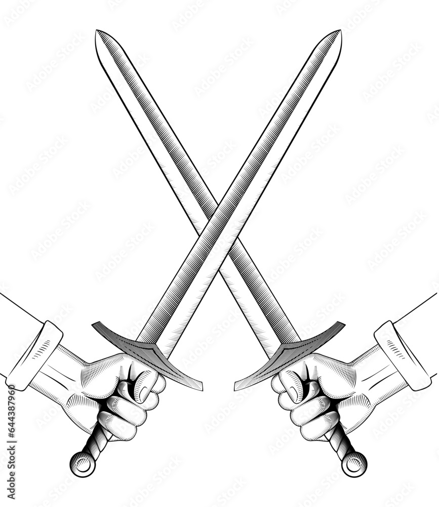 Battle. Male hands with crossed swords. The theme of struggle ...