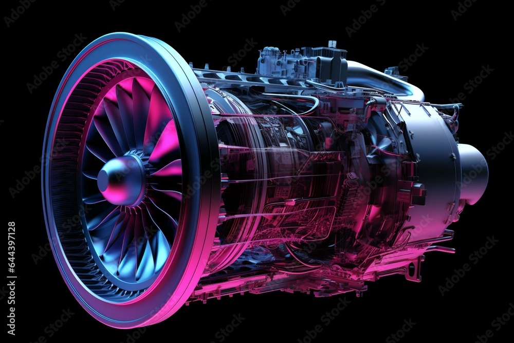 Turbofan engine shown in x-ray style on a black background, rendered in ...