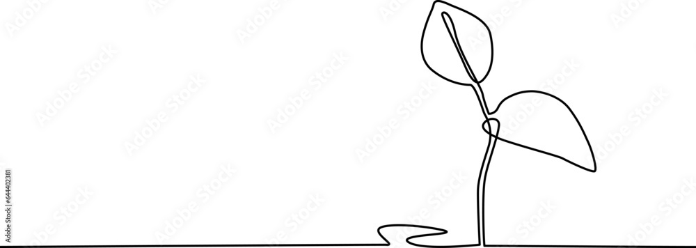 Young Plant Growing. Continuos line drawing sprout with leaves isolated ...