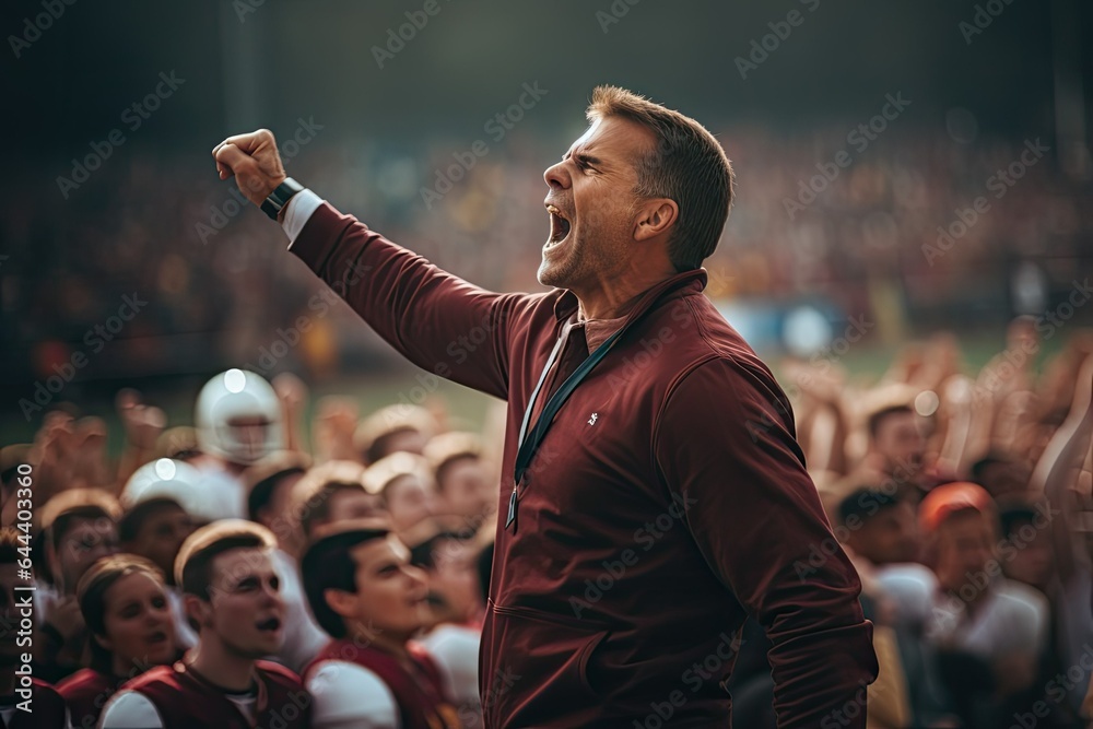 Coach speaking in front of football players . Leadership and motivation ...