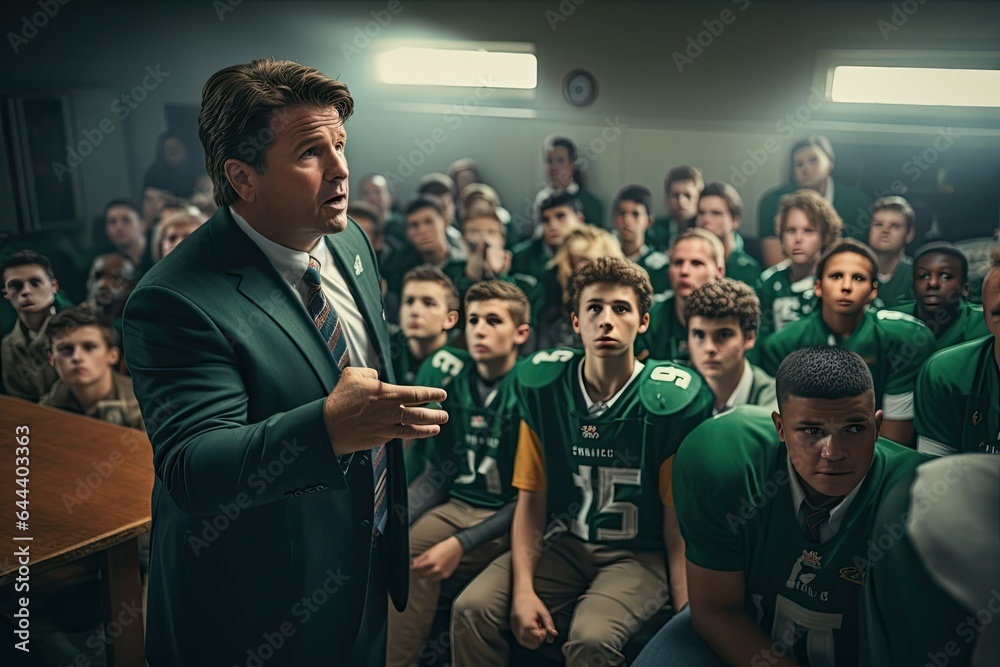 Coach speaking in front of football players . Leadership and motivation ...