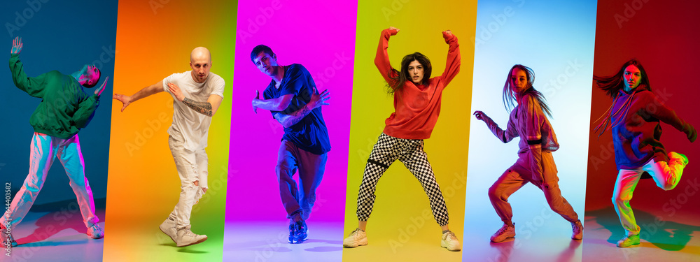 Street style dance. Collage with men and women dancing breakdance on ...