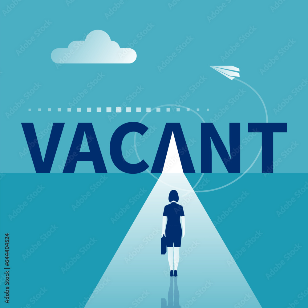 New vacancy. Businesswoman stands in front of an open door. Symbol ...