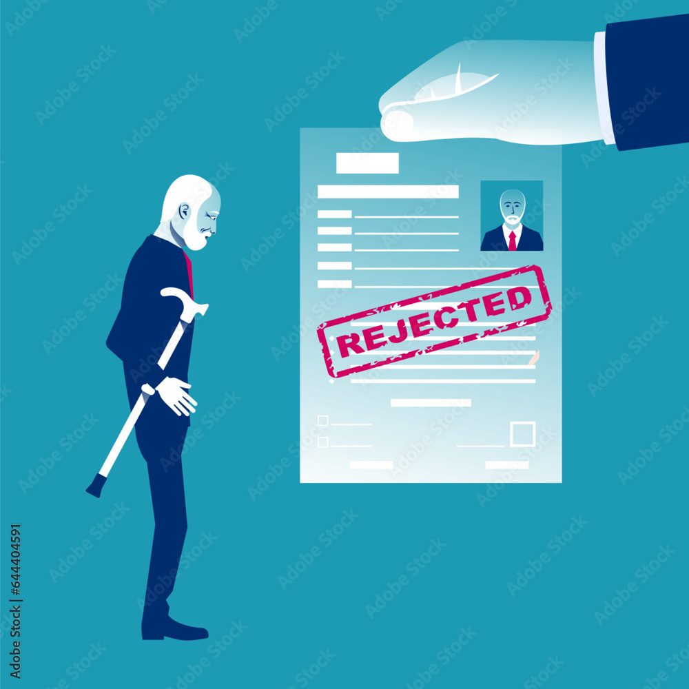 Rejection of an old man. Reject resume. Head hunter holds a stamped ...