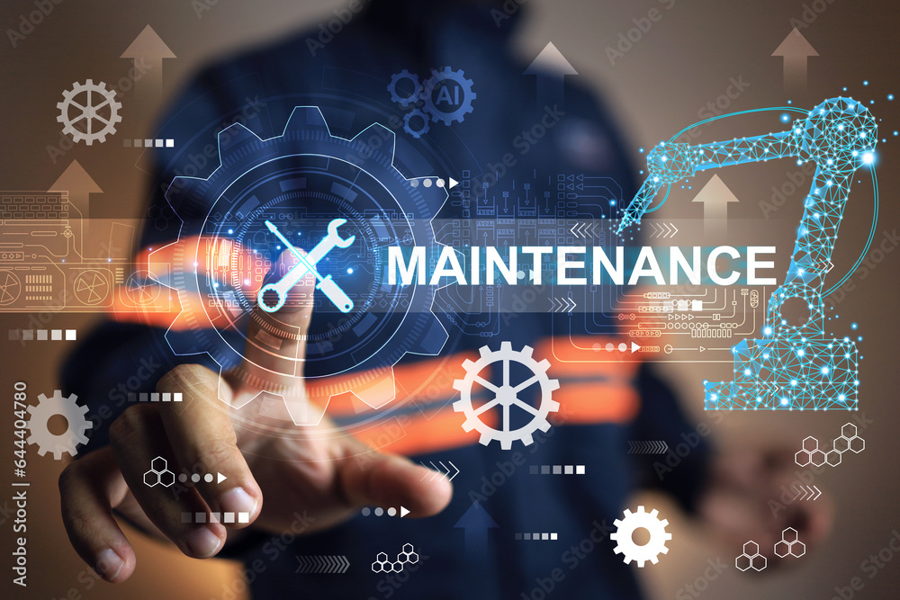 Maintenance engineer pointing on wrench and crew driver symbol in gear ...