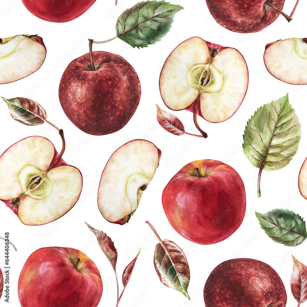 Apple seamless Pattern. Watercolor botanical illustration of red Fruit ...