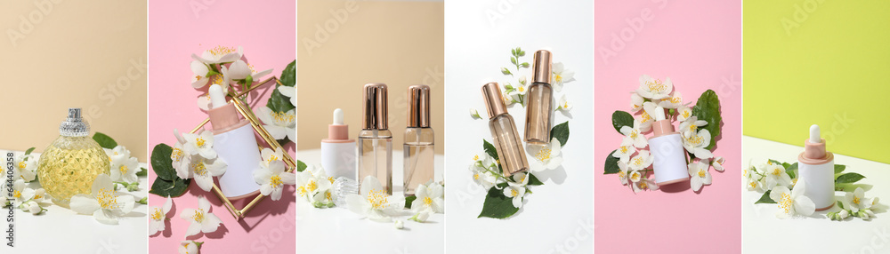 Collage of photos of decorative cosmetics on a light background. Stock ...