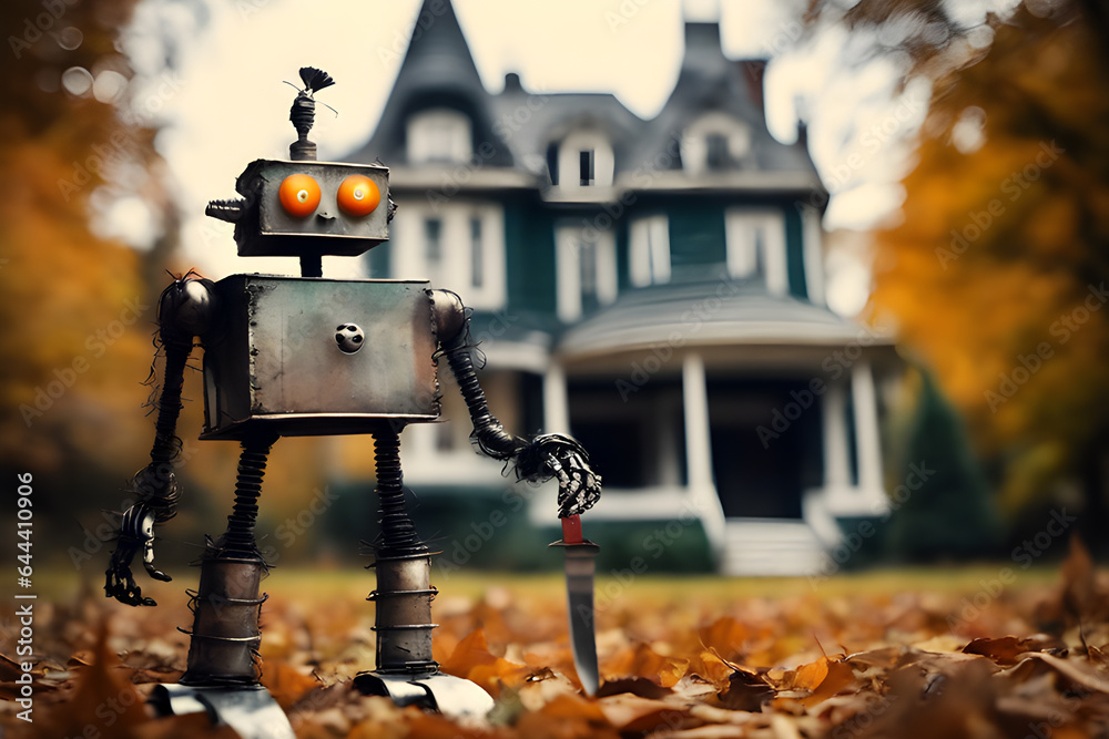 Spooky robot made of recycled materials with a knife in his hand in ...