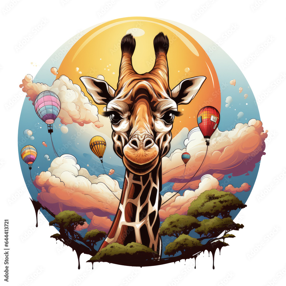 A whimsical giraffe t-shirt design featuring a giraffe in a hot air ...